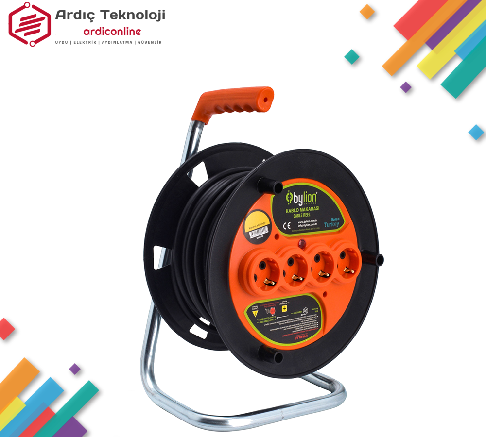 Bylion 20 Metre 3x1,5 Kablolu Seyyar Makaralı Işıklı 4'lü Uzatma Kablosu