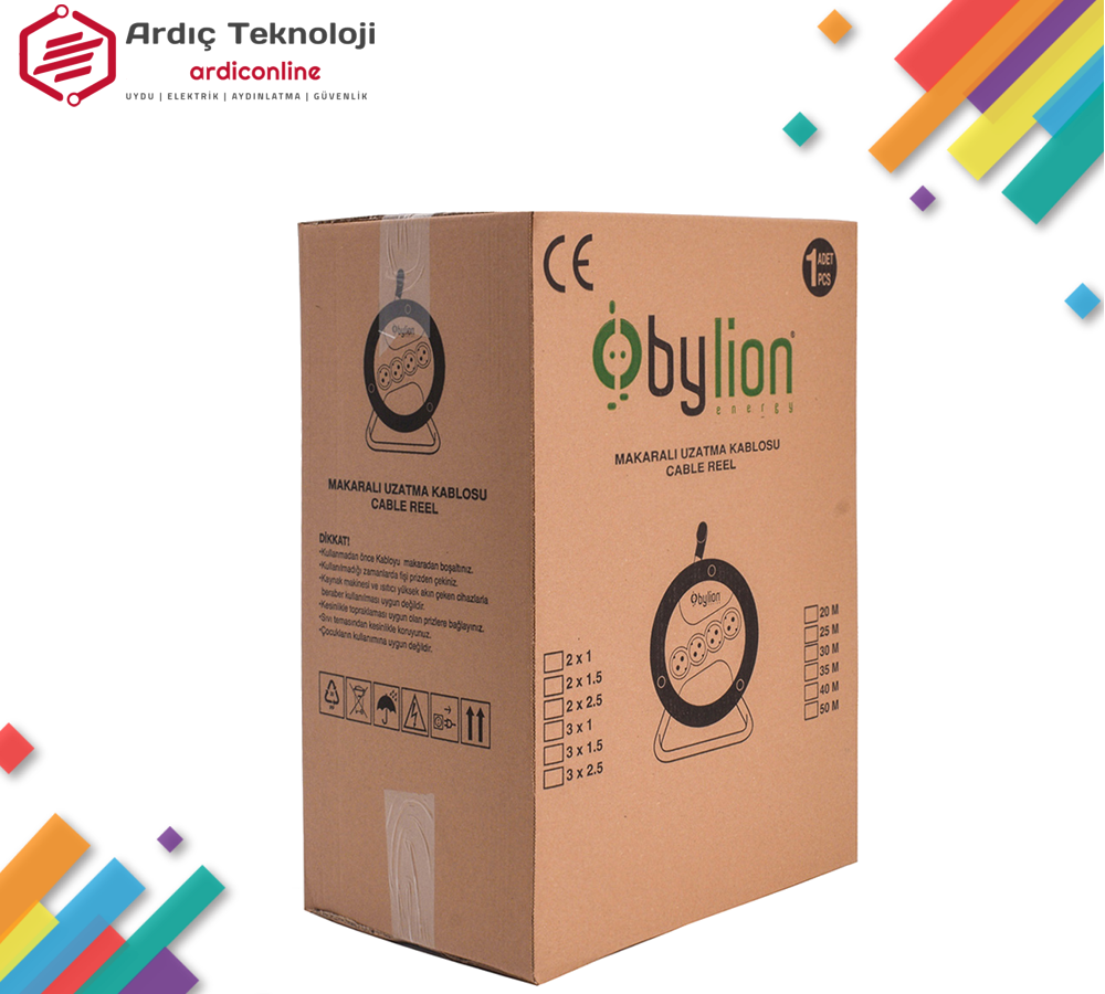 Bylion 35 Metre 3x1,5 Kablolu Seyyar Makaralı Işıklı 4'lü Uzatma Kablosu